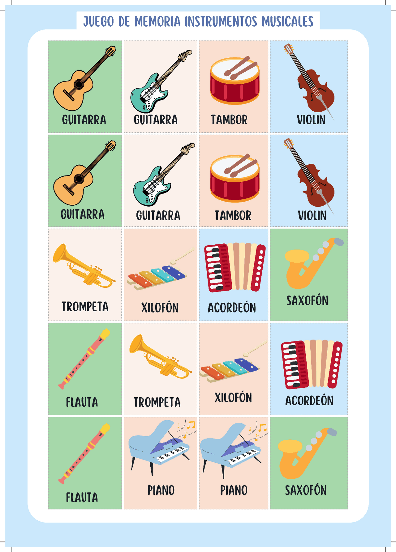 Juego de memoria instrumentos musicales | Ejercicios de Música | Docsity