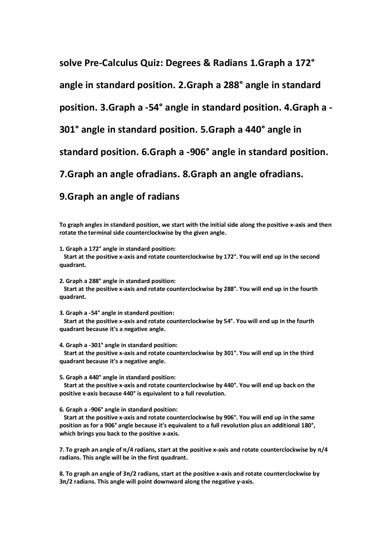 Pre-Calculus Quiz: Degrees & Radians | Quizzes Mathematics | Docsity