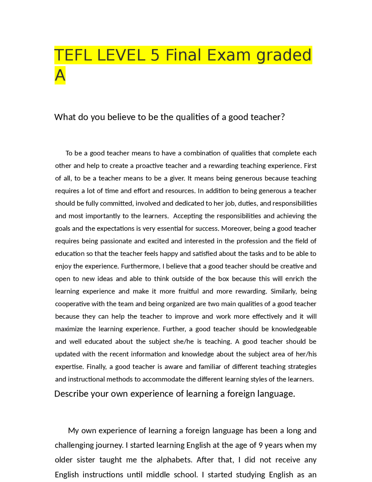 TEFL LEVEL 5 Final Exam graded A | Exams Teaching method | Docsity
