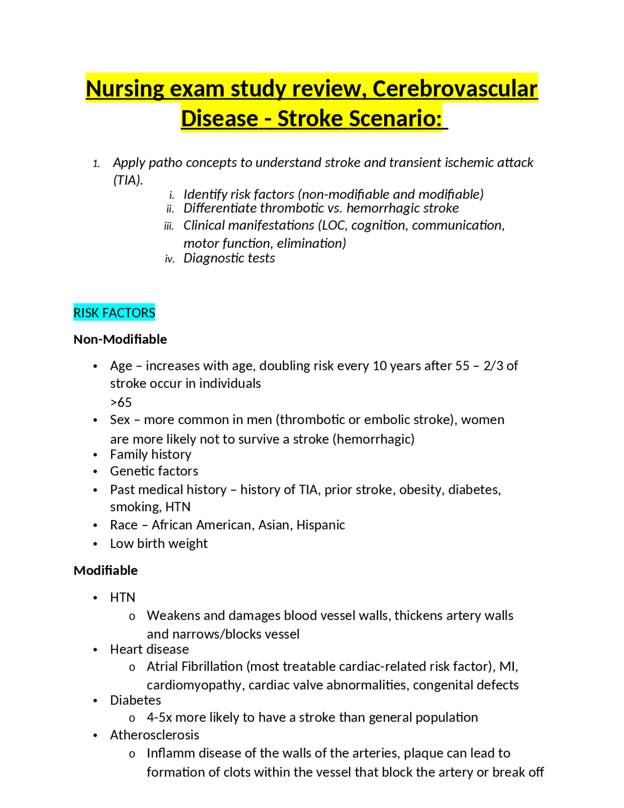 Nursing exam study review, Cerebrovascular Disease - Stroke Scenario ...