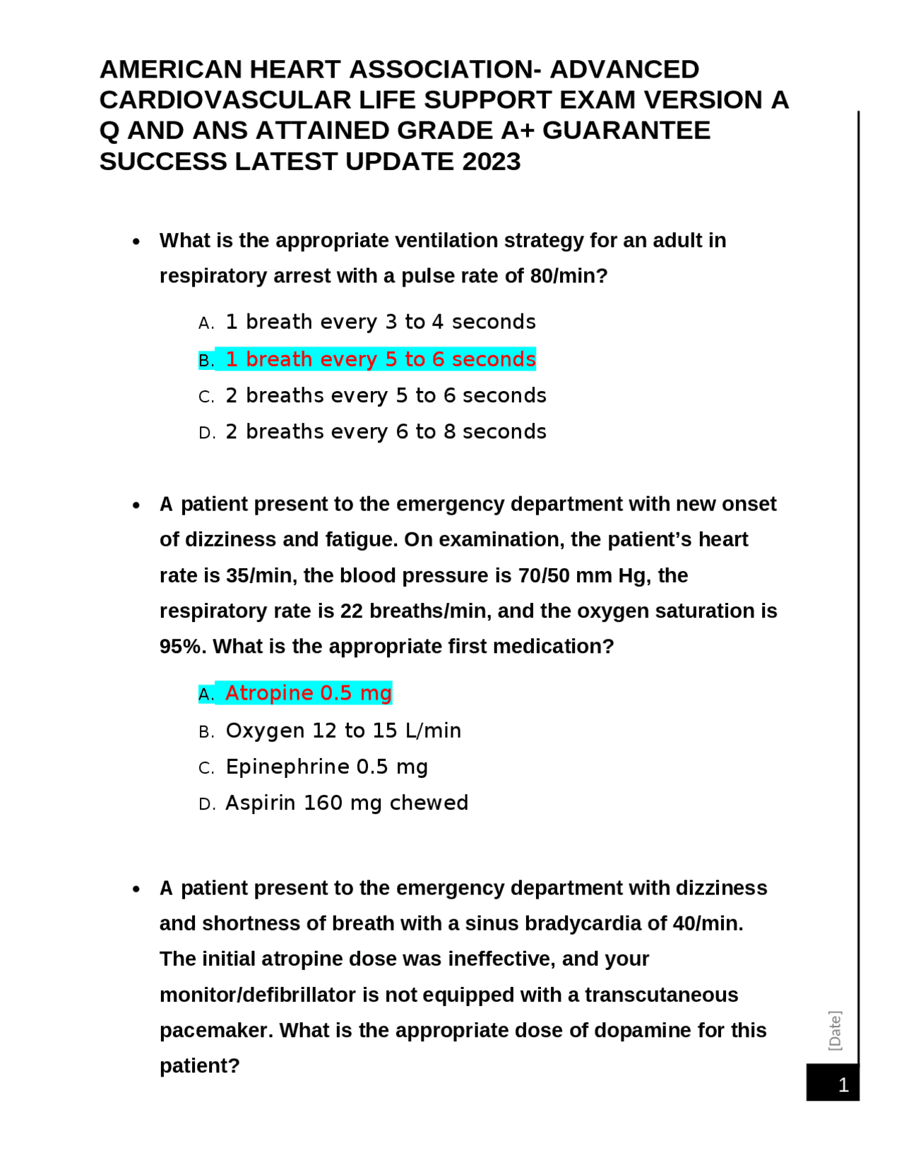 AMERICAN HEART ASSOCIATION- ADVANCED CARDIOVASCULAR LIFE SUPPORT EXAM ...