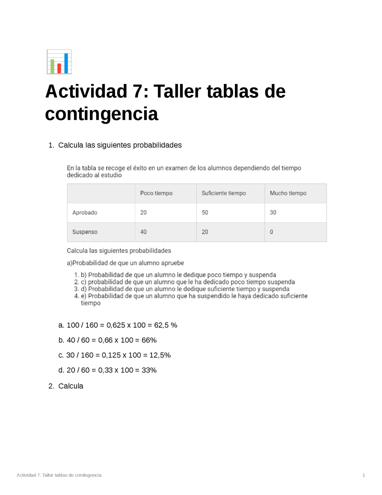 Actividad: Taller tablas de contingencia | Ejercicios de Matemáticas | Docsity