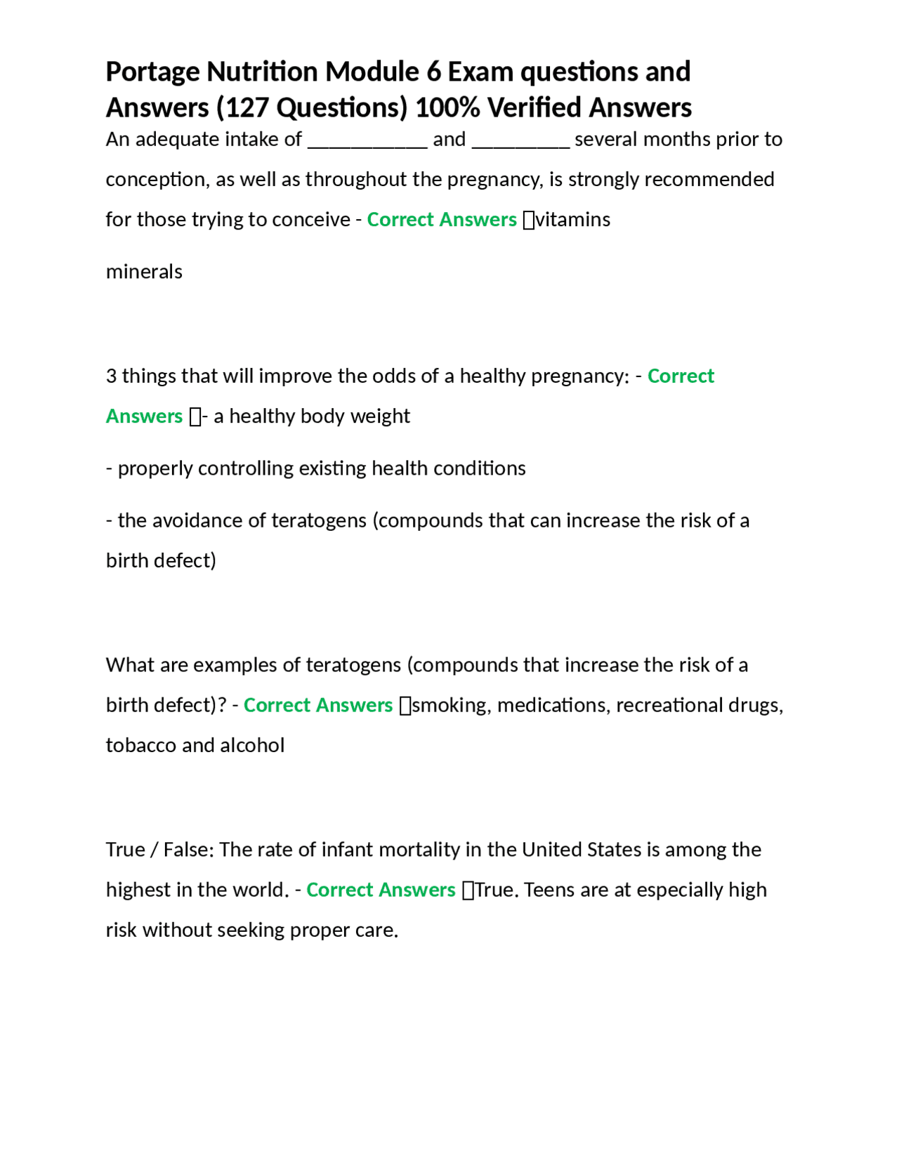 Portage Nutrition Module 6 Exam Questions And Answers 127 Questions