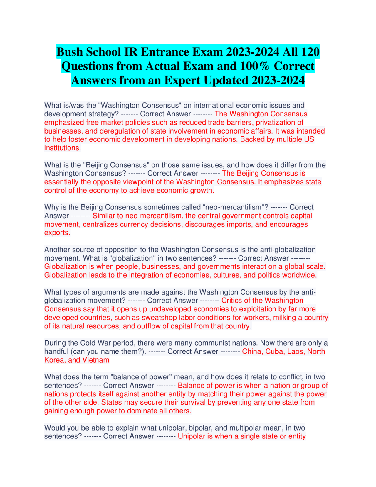Bush School IR Entrance Exam 2023-2024 All 120 Questions from the ...
