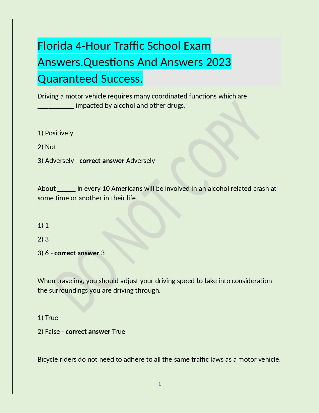 Florida 4-Hour Traffic School Exam Answers.Questions And Answers 2023 ...