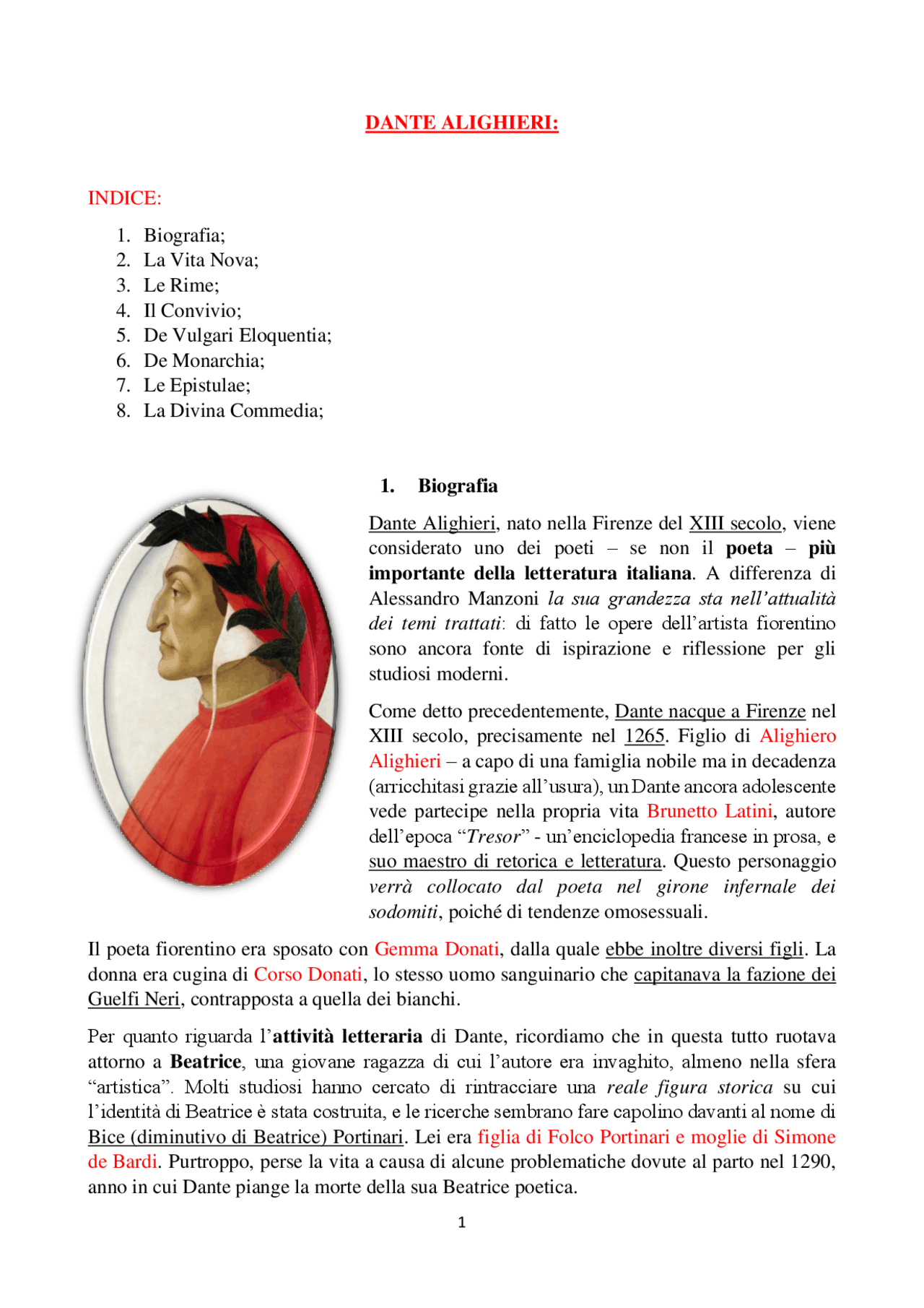 Dante Alighieri | appunti e dispense per scuole superiori | Dispense di Italiano | Docsity