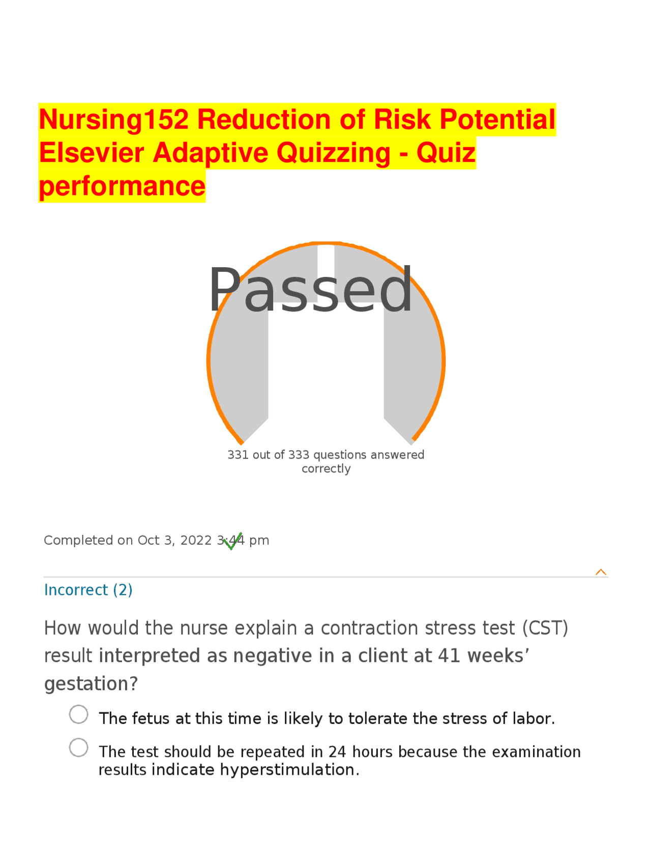 Nursing152 Reduction Of Risk Potential Elsevier Adaptive Quizzing