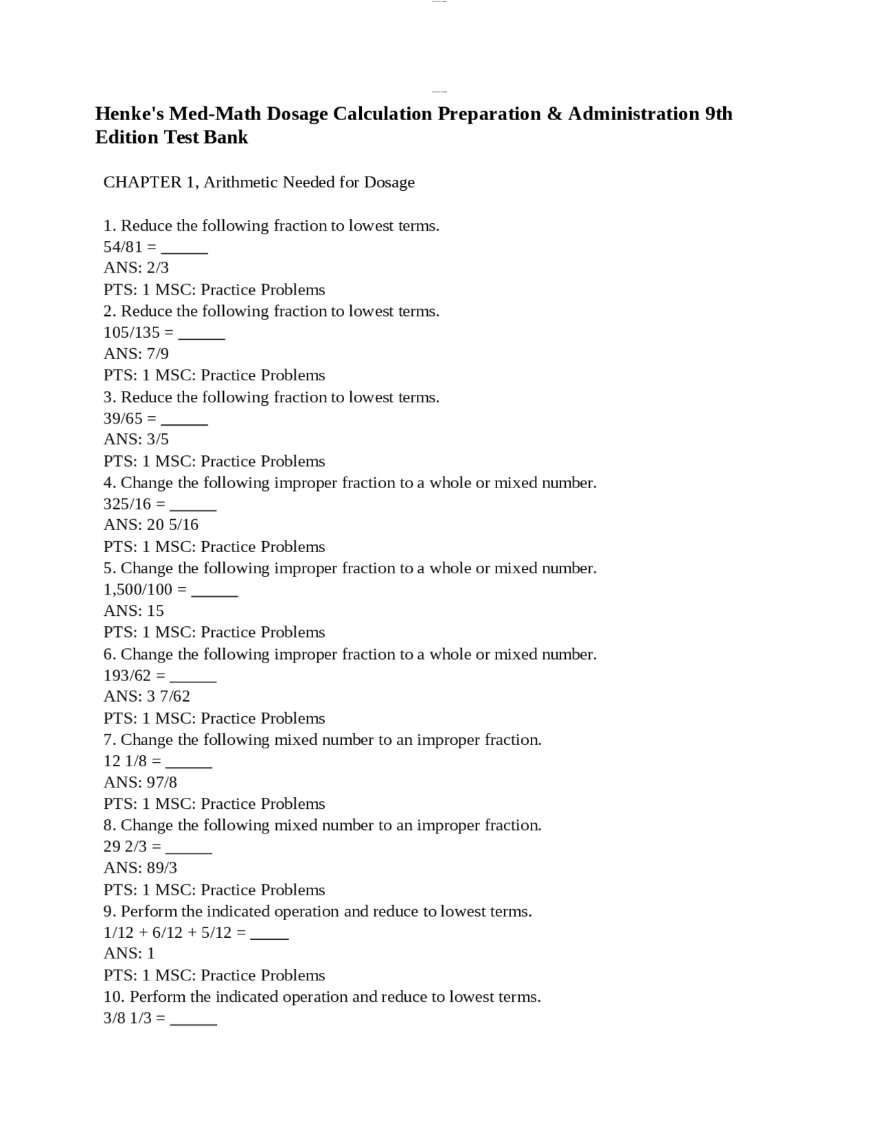 Test Bank For Henke’s Med-Math Dosage Calculation Preparation ...
