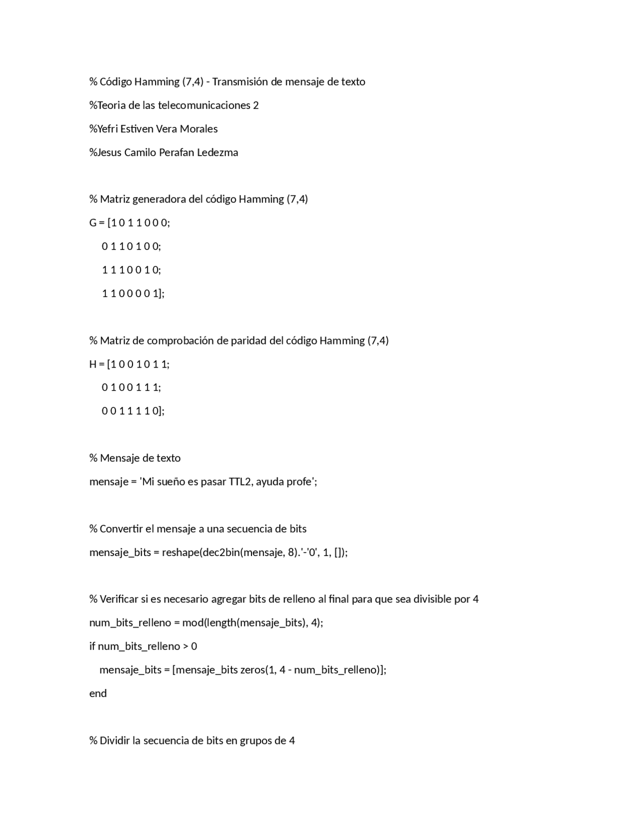 Código para MATLAB para codificar un decodificar un mensaje de texto ...