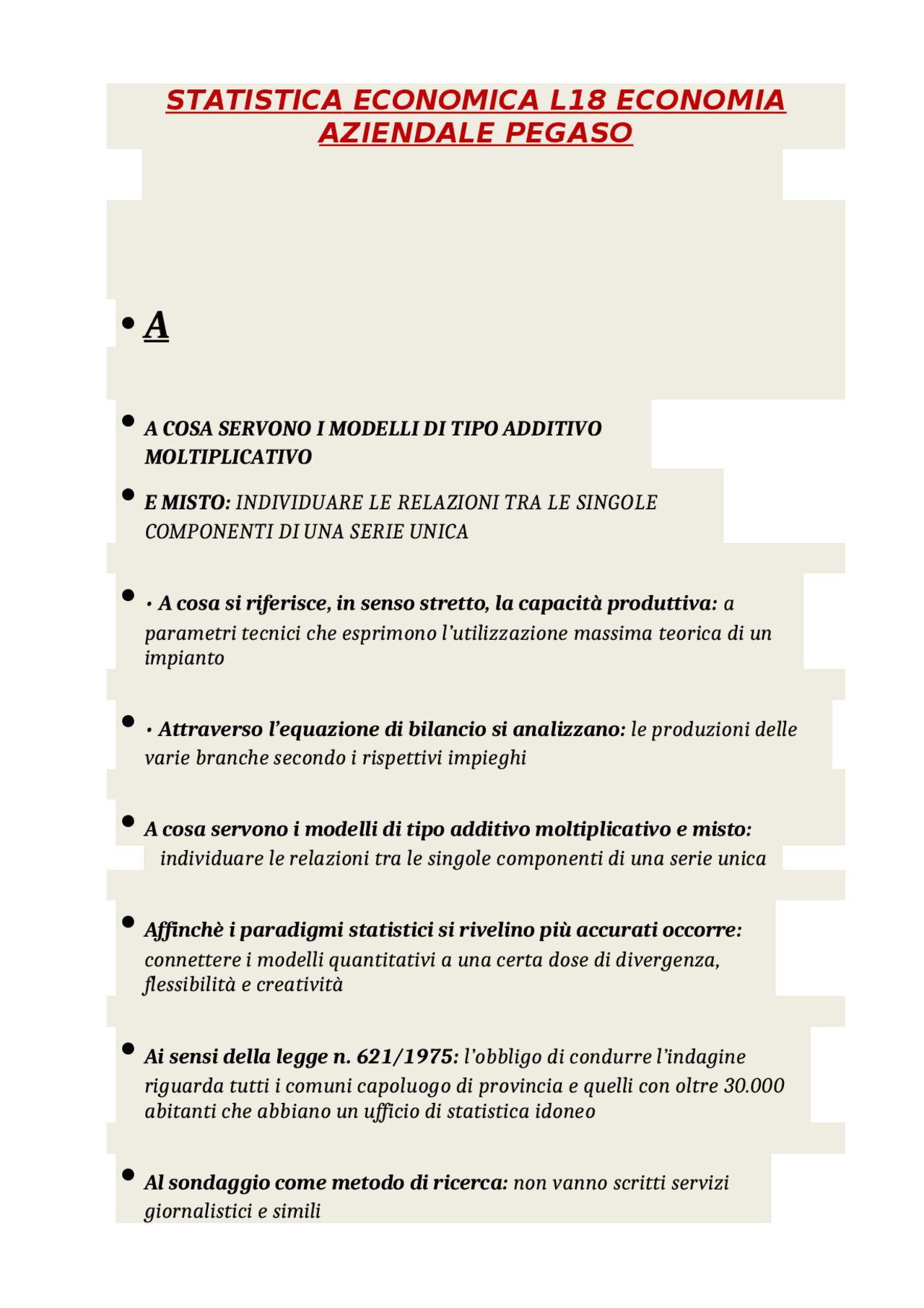 STASTISTICA ECONOMICA L18 ECONOMIA AZIENDALE PEGASO | Prove d'esame di Statistica Economica ...