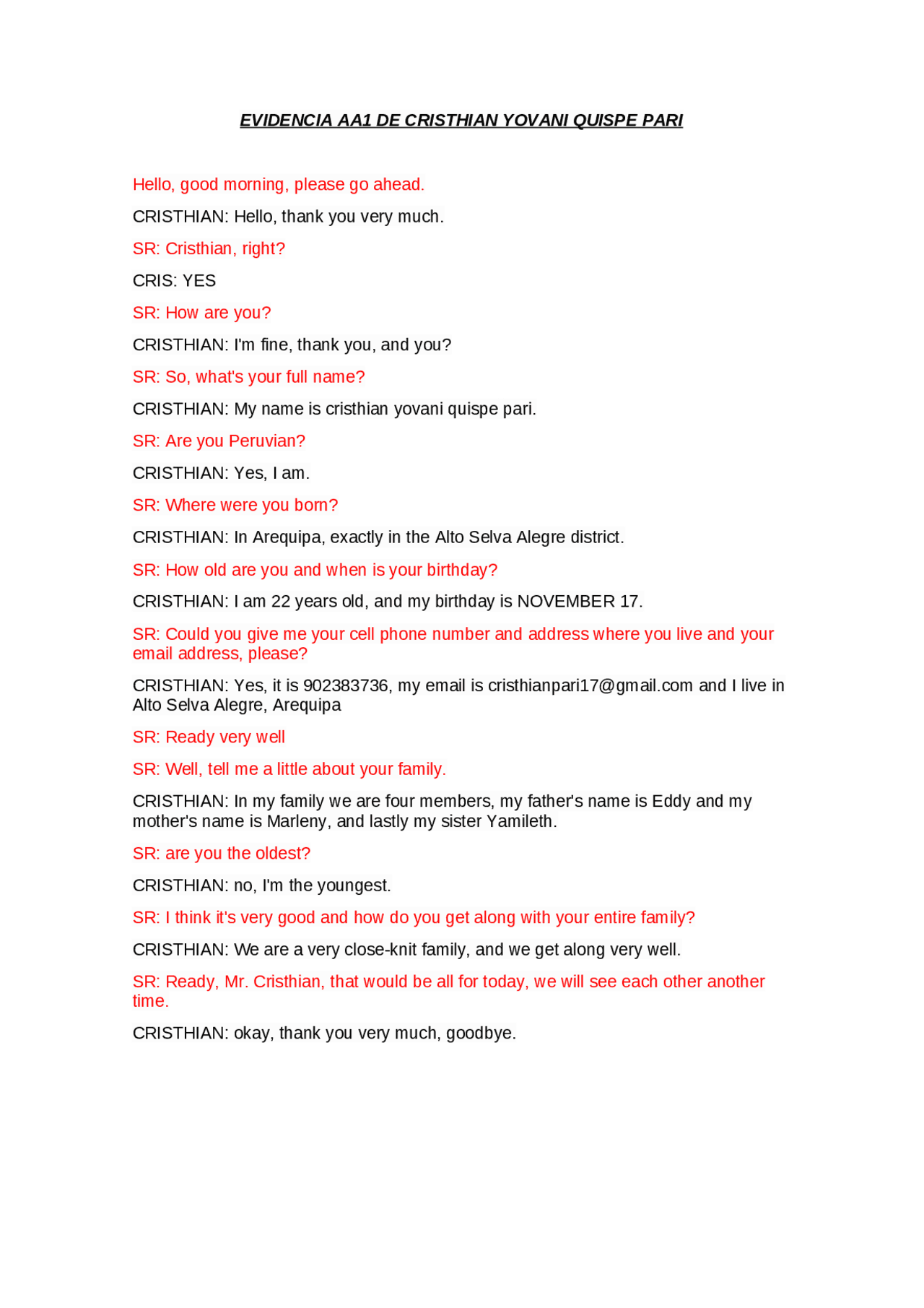 Conversacion de ingles entrevista | Esquemas y mapas conceptuales de Filología Inglesa | Docsity