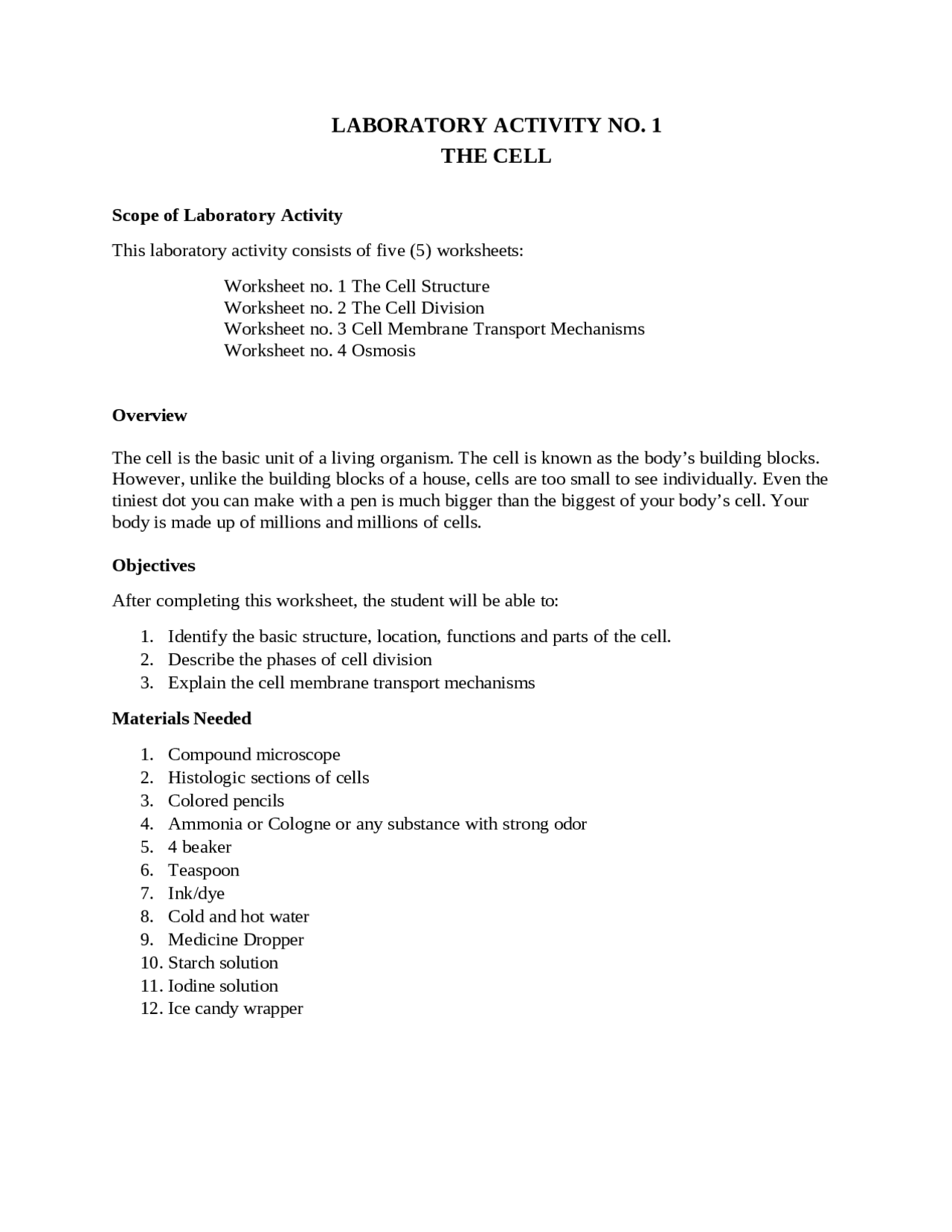 Laboratory Activity In Cell Lab Reports Life Sciences Docsity