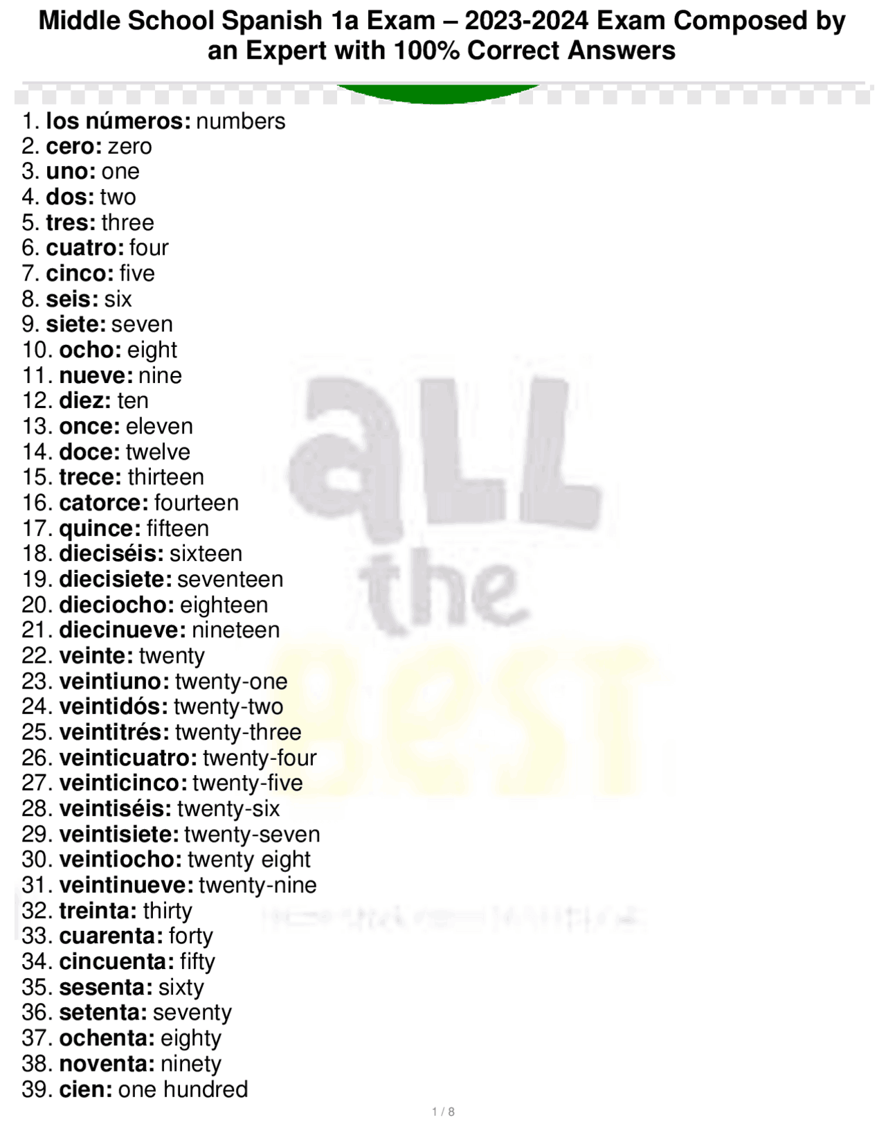 Middle School Spanish 1a Exam – 2023-2024 Exam Composed by an Expert ...