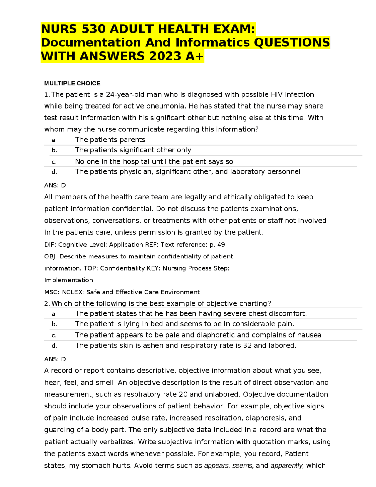 Nurs 530 Adult Health Exam Documentation And Informatics Questions
