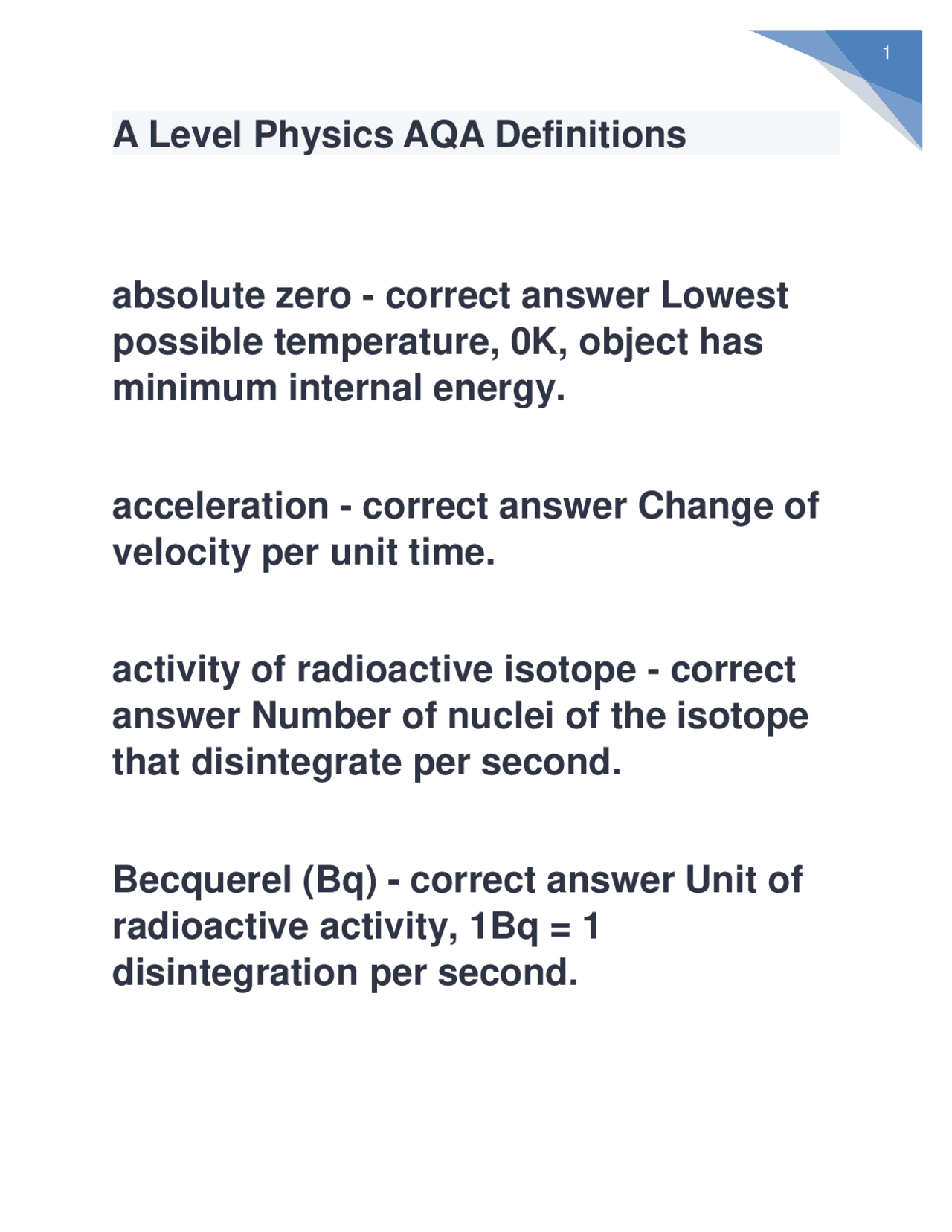 A Level Physics AQA Definitions questions with all correct answers | Exams Nursing | Docsity