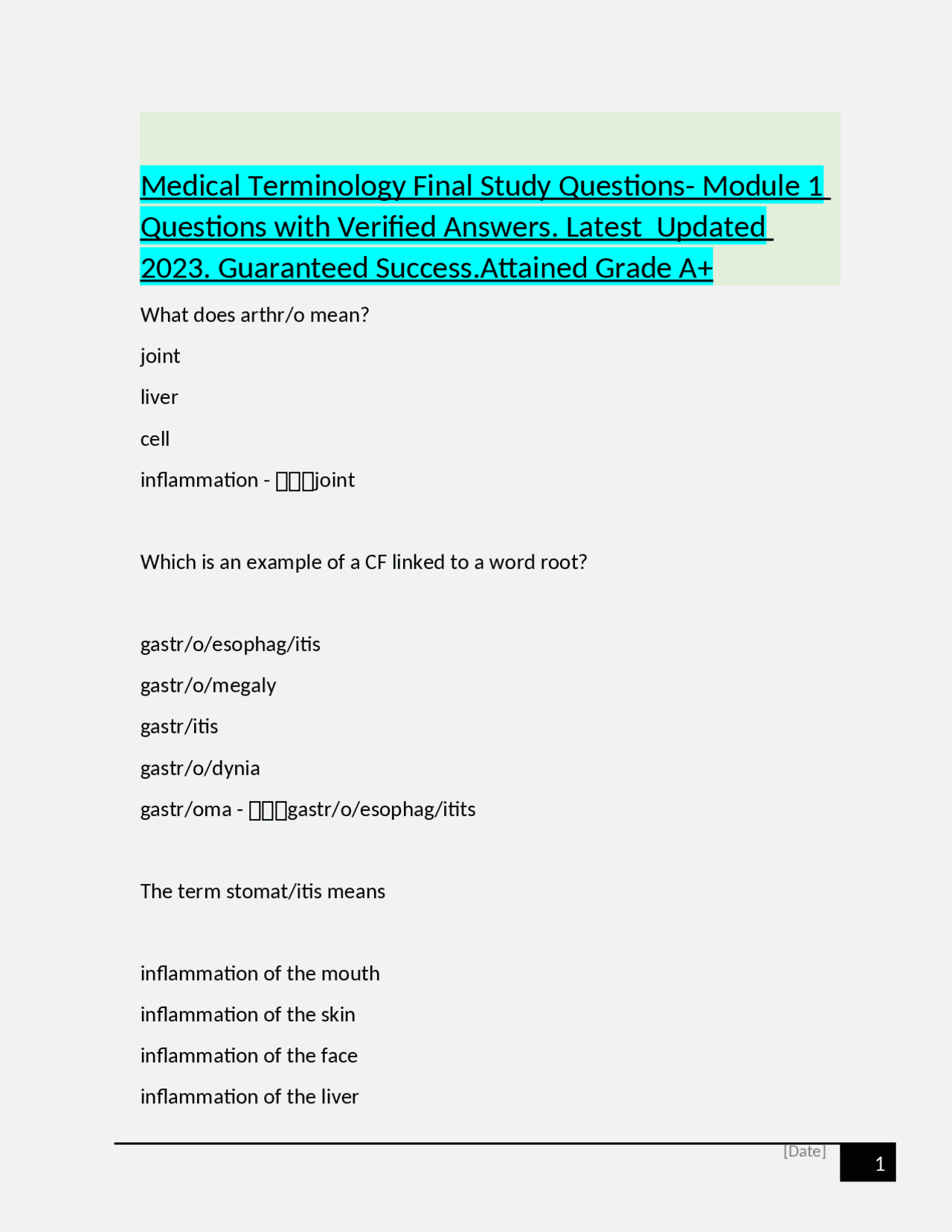 Medical Terminology Final Study Questions- Module 1 Questions with ...