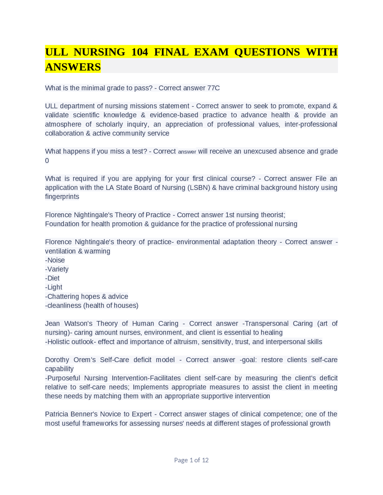 Ull Nursing 104 Final Exam Questions With Answers Exams Nursing Docsity