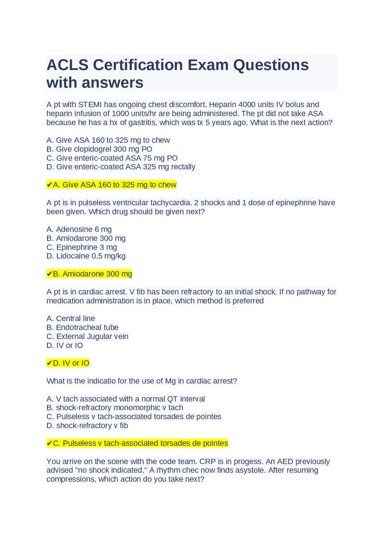 ACLS Certification Exam Questions with answers | Exams Nursing | Docsity