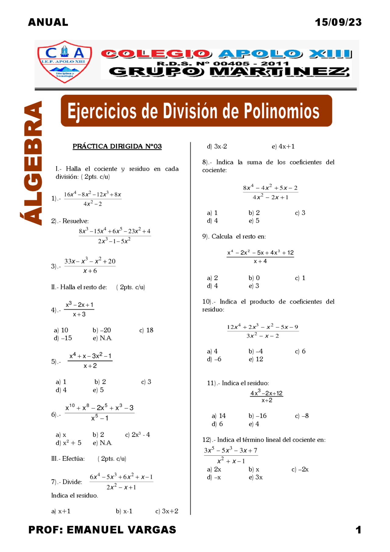 DIVISION ALGEBRAICA - METODO DE HORNER | Ejercicios de Matemáticas ...