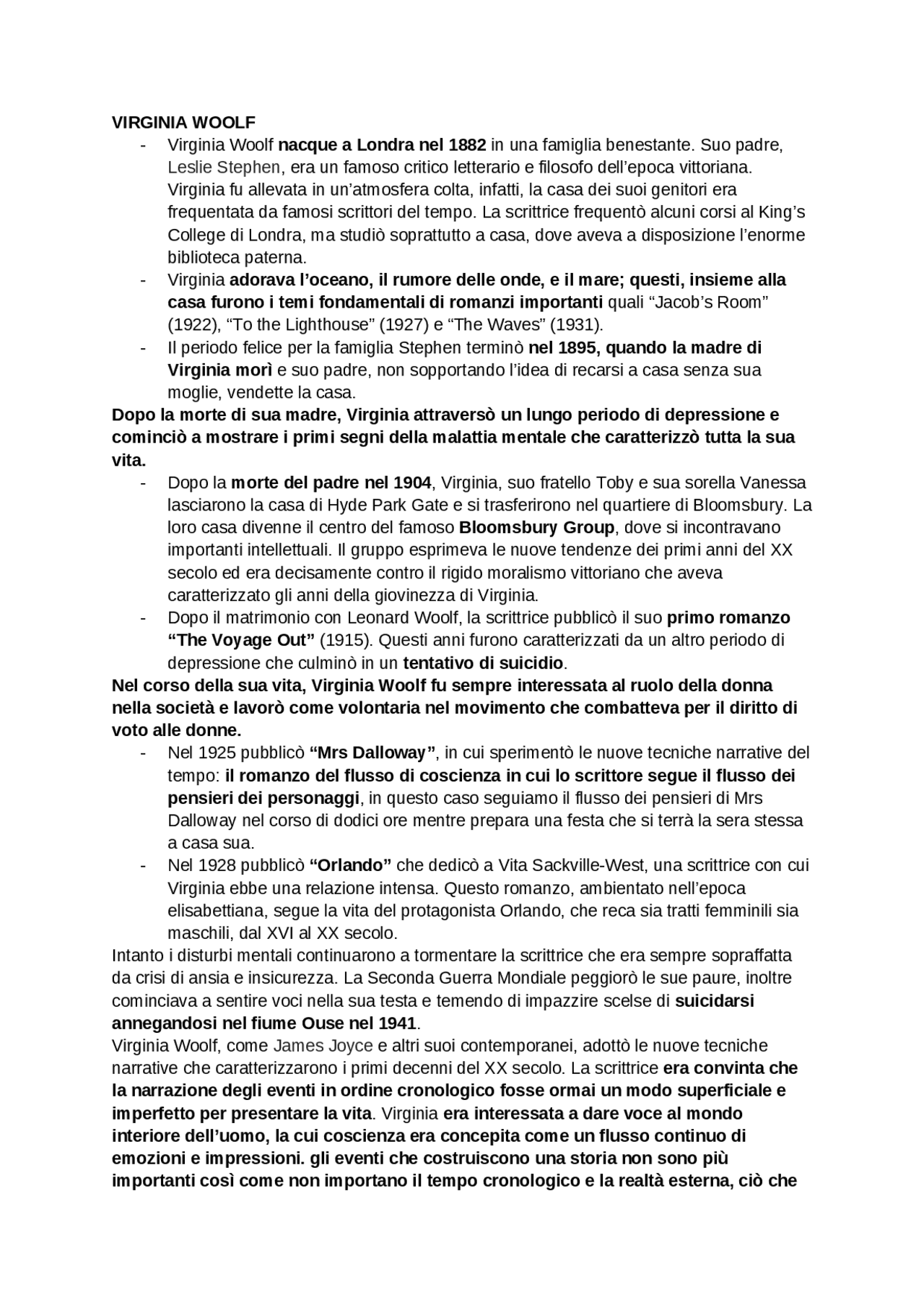 Virginia Woolf studio facile e veloce | Dispense di Inglese | Docsity
