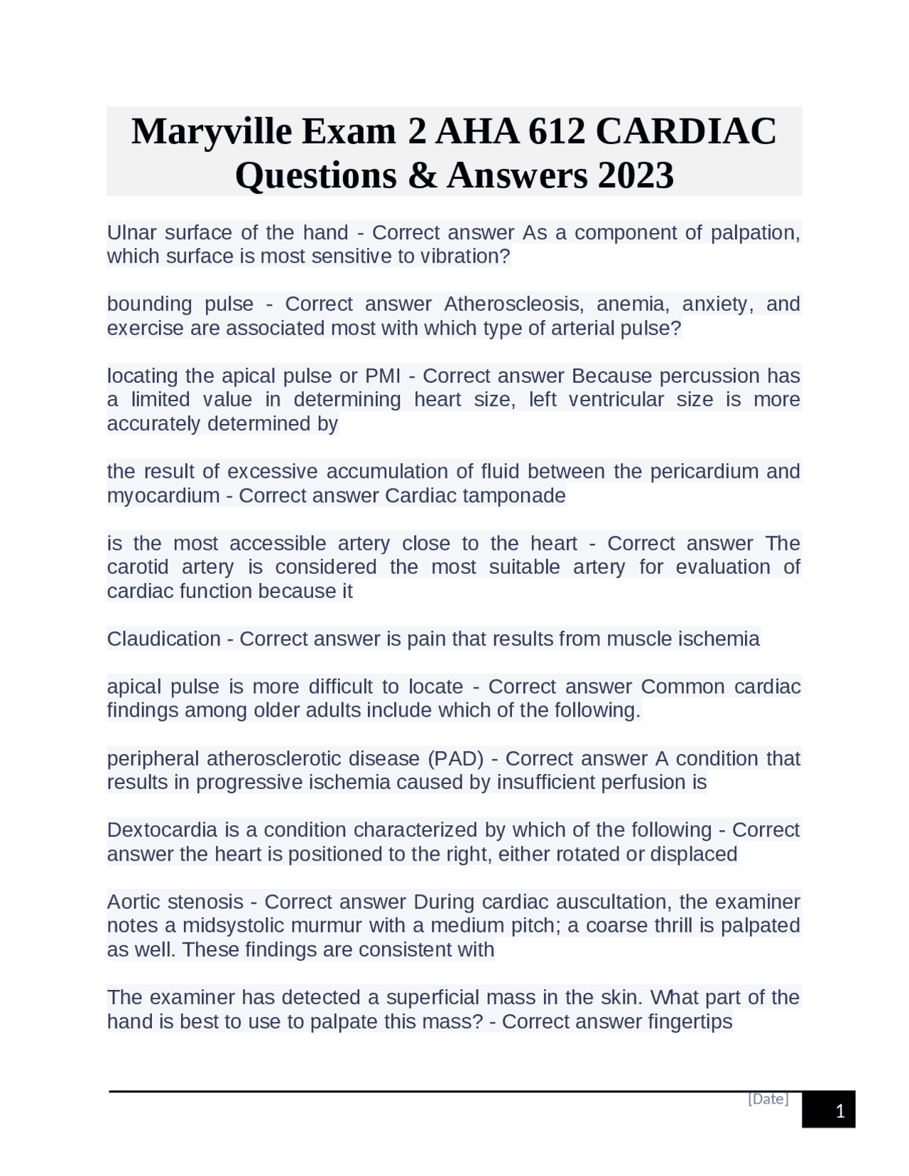 Maryville Exam 2 AHA 612 CARDIAC Questions & Answers 2023 | Exams Nursing | Docsity