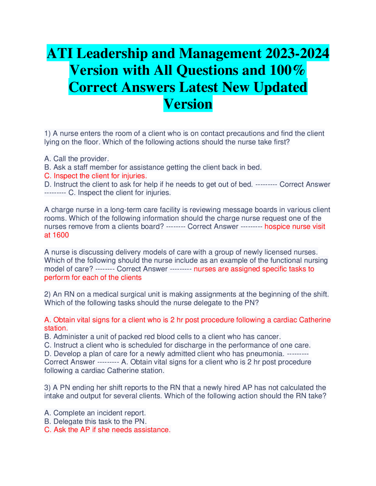 ATI Leadership and Management 2023-2024 Version with All Questions and ...
