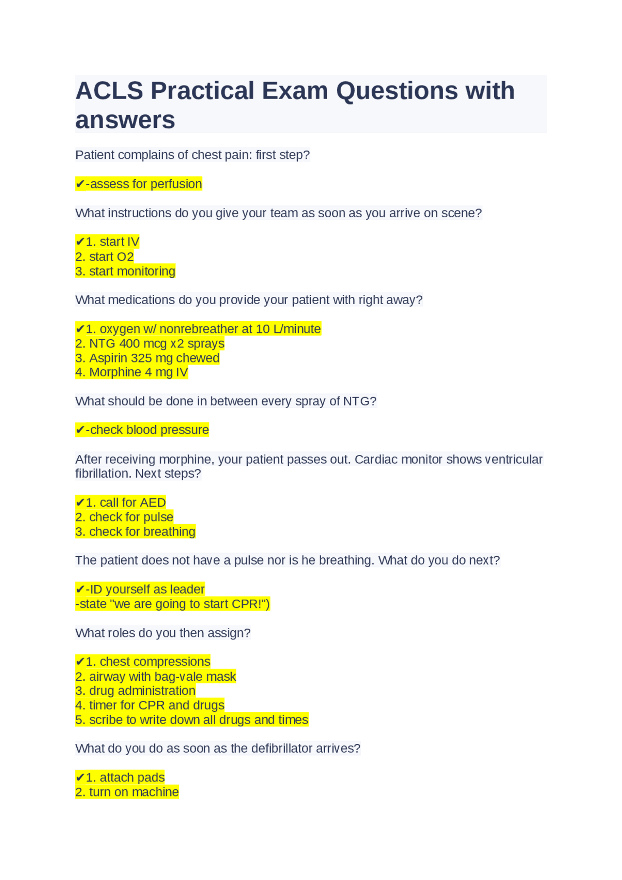 ACLS Practical Exam Questions with answers | Exams Nursing | Docsity