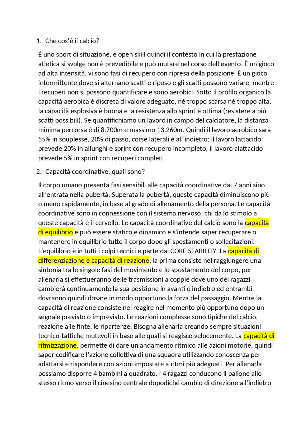 Domande del compito di calcio | Esercizi di Sport | Docsity