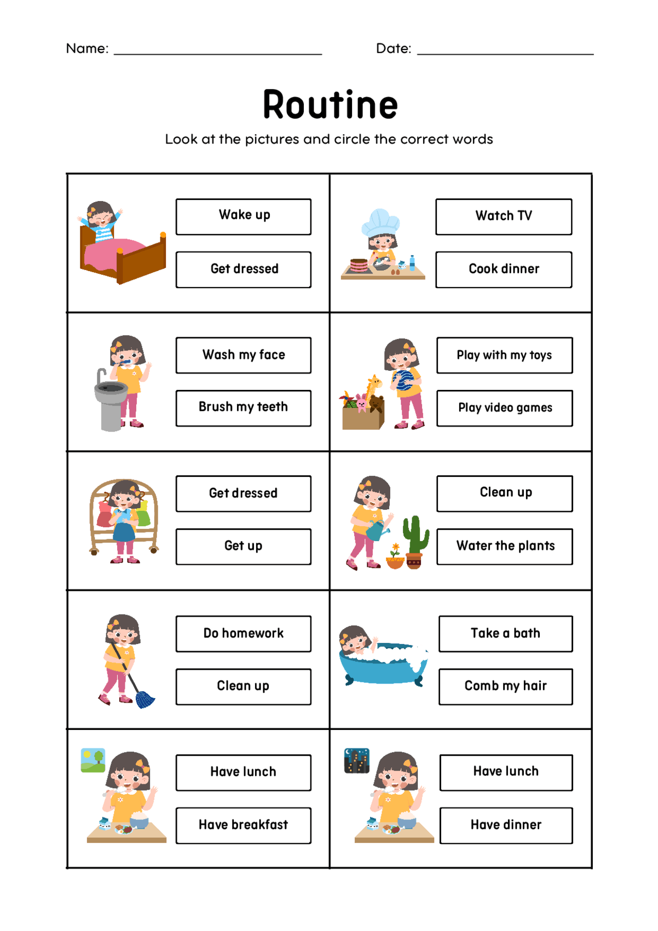 Routine Vocabulary Exercise Exercícios Inglês Docsity
