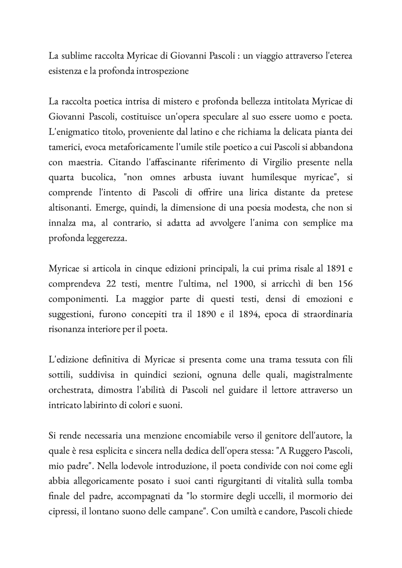 La raccolta Myricae di Giovanni Pascoli | Appunti di Italiano | Docsity