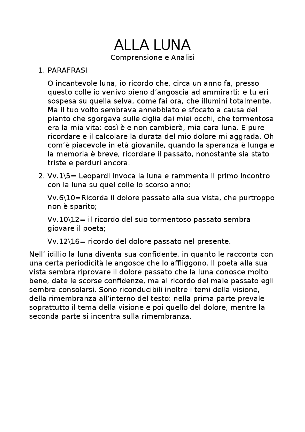 ALLA LUNA DI LEOPARDI | Prove svolte di Maturità di Italiano | Docsity