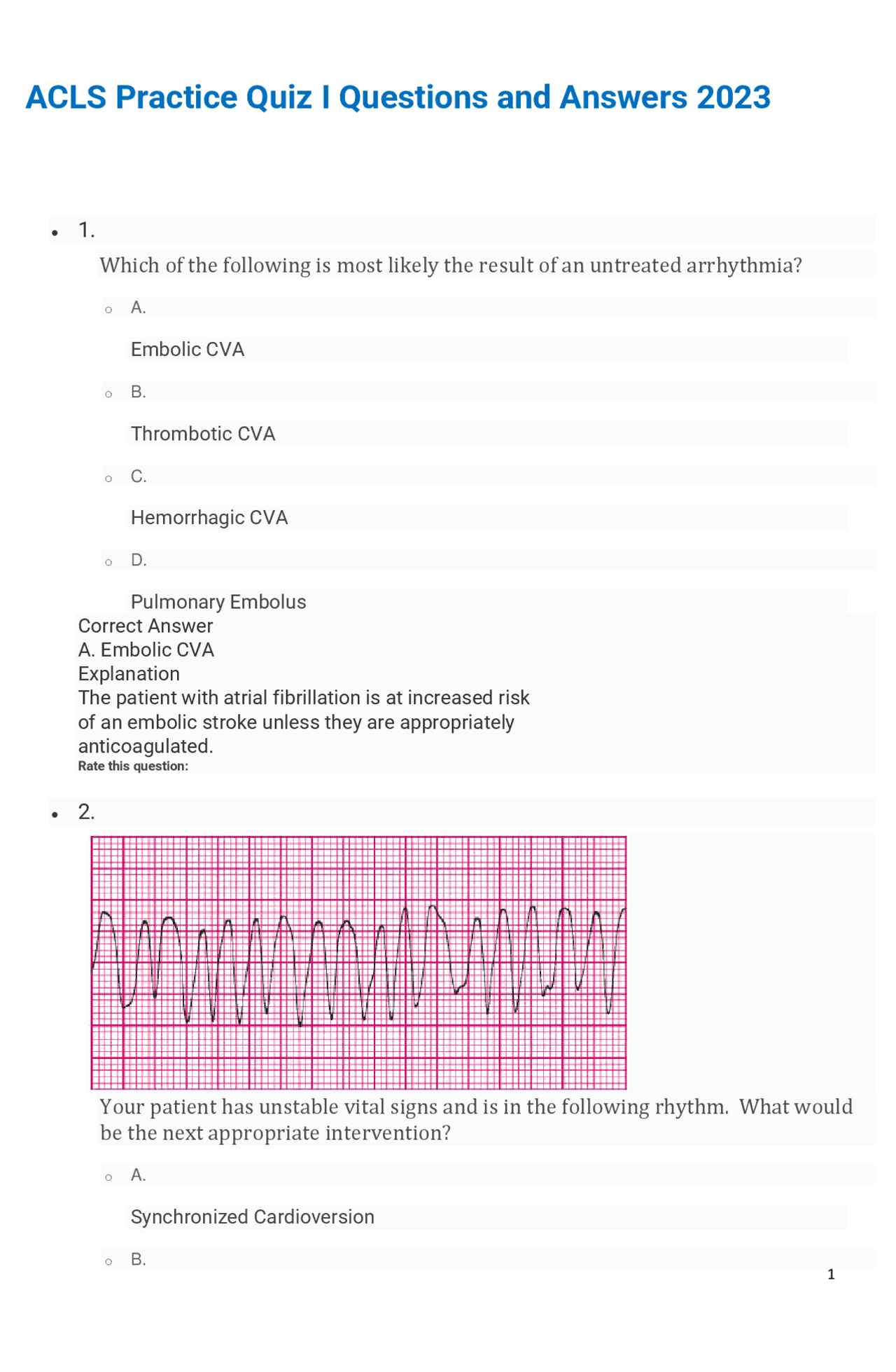 ACLS Practice Quiz I Questions and Answers 2023 | Exams Nursing | Docsity