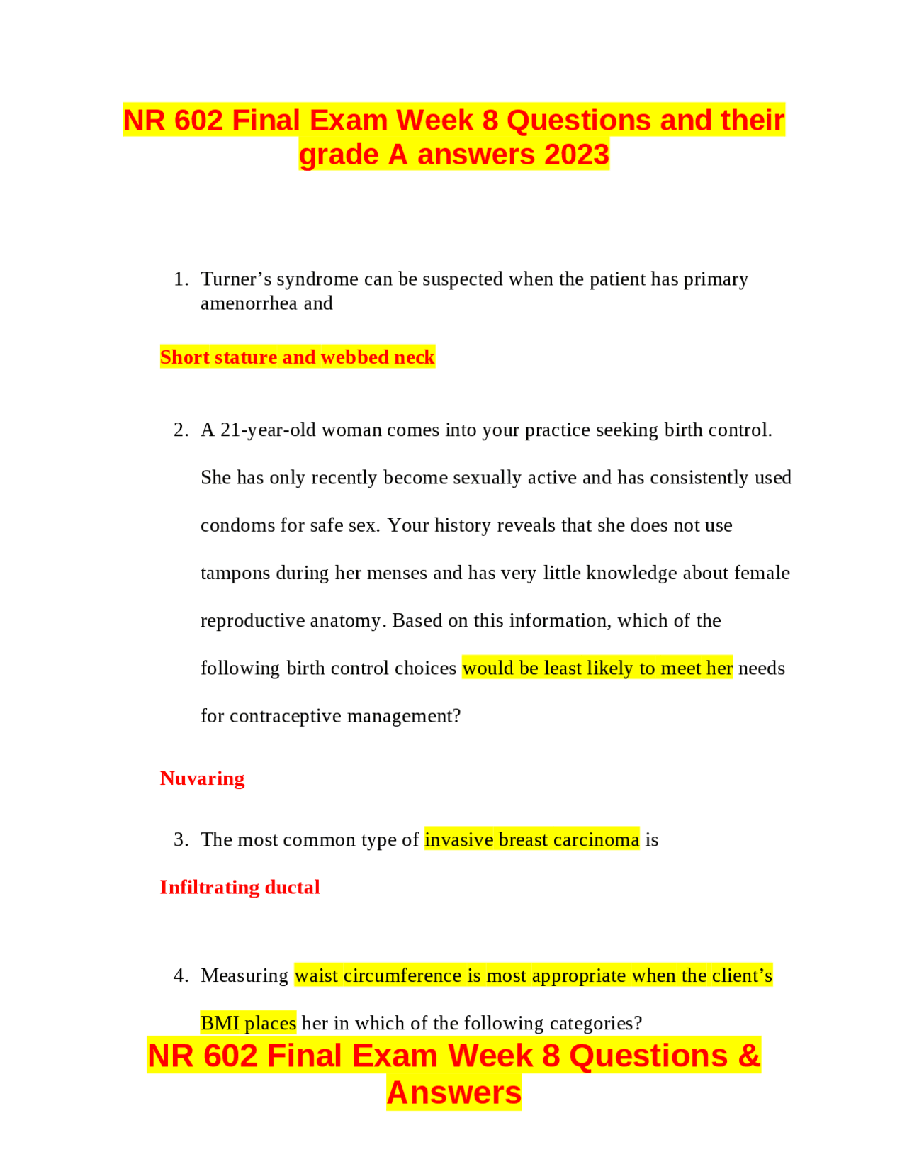 NR 602 Final Exam Week 8 Questions and their grade A answers 2023 ...