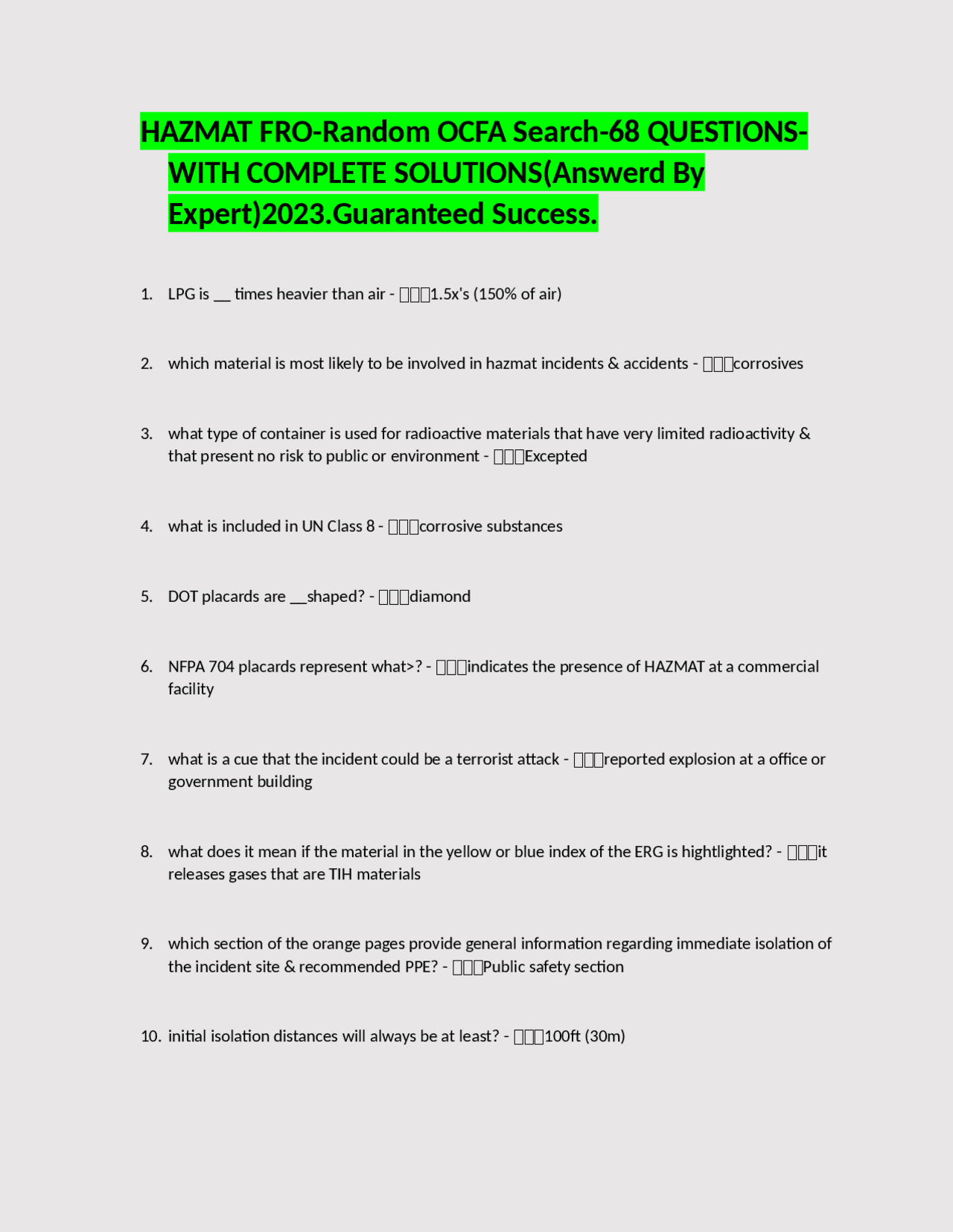 HAZMAT FRO-Random OCFA Search-68 QUESTIONS- WITH COMPLETE SOLUTIONS ...