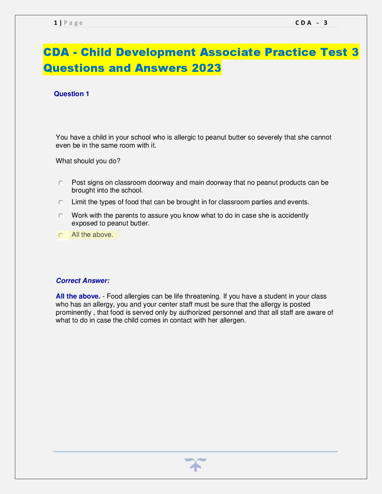 CDA - Child Development Associate Practice Test 3 Questions and Answers ...