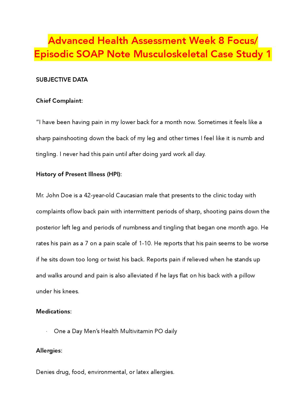 Musculoskeletal Case Study 1 | Assignments Nursing | Docsity