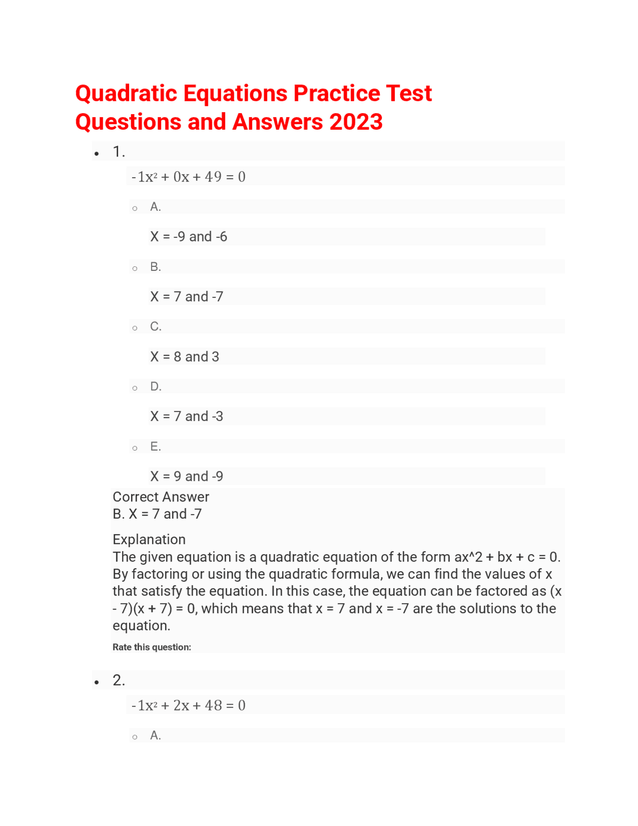 Quadratic Equations Practice Test Questions and Answers 2023 | Exams ...