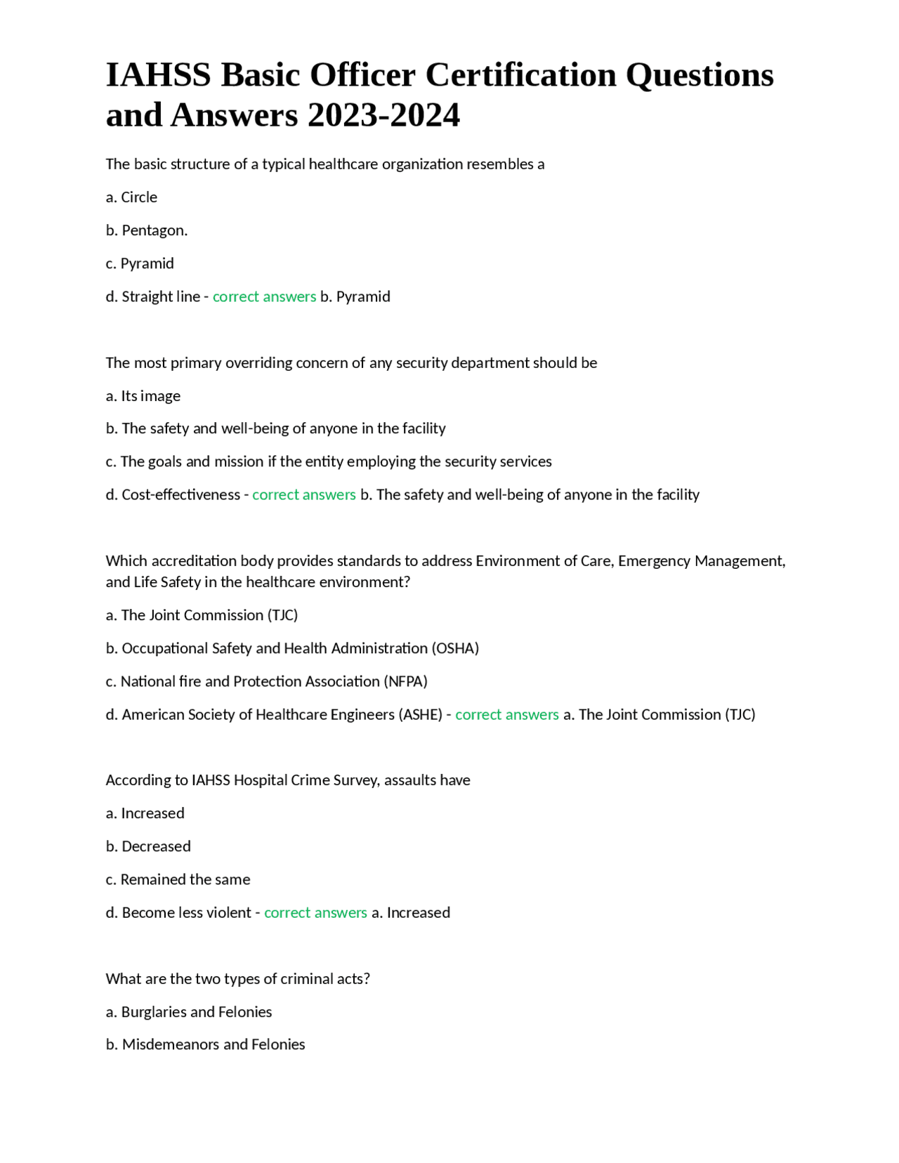 IAHSS Basic Officer Certification Questions and Answers 2023-2024 ...