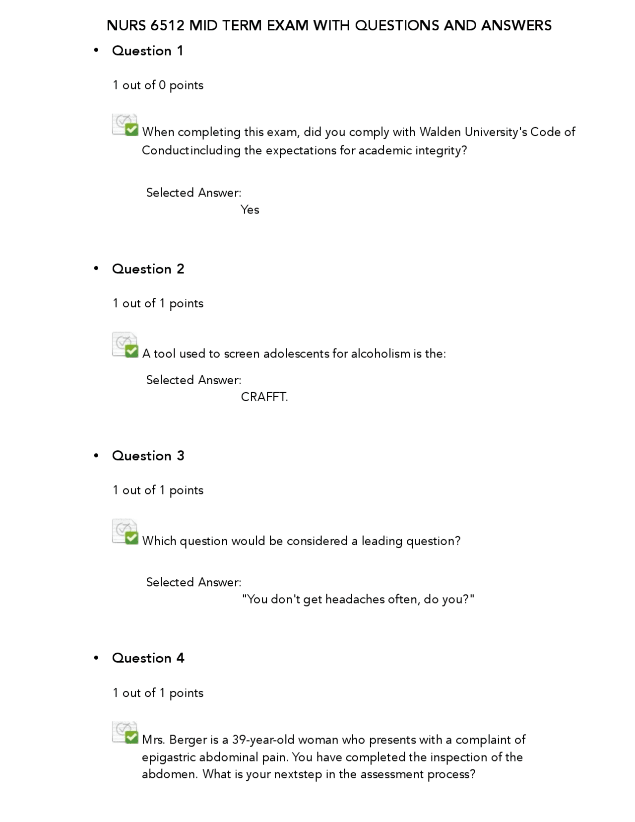 Nurs 6512 Mid Term Exam With Questions And Answers Exams Nursing Docsity