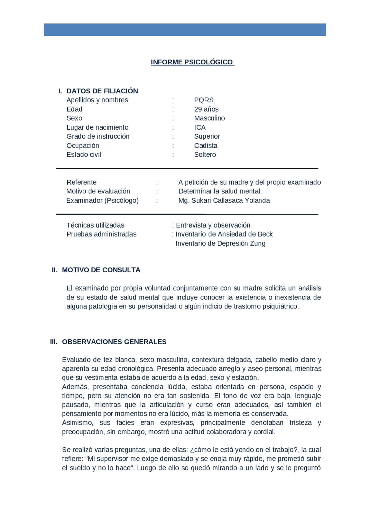 Informes Psicologicos Ejercicios De Psicología Docsity