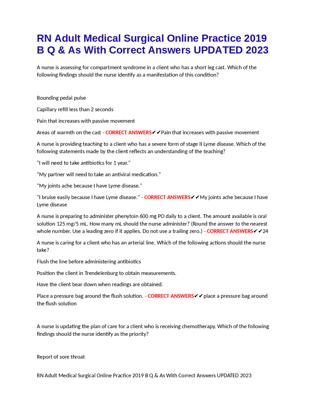 RN Adult Medical Surgical Online Practice 2019 B Q & As With Correct ...