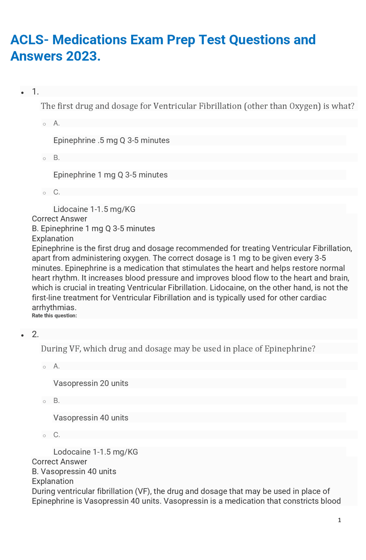 Acls Medications Exam Prep Test Questions And Answers 2023 Exams