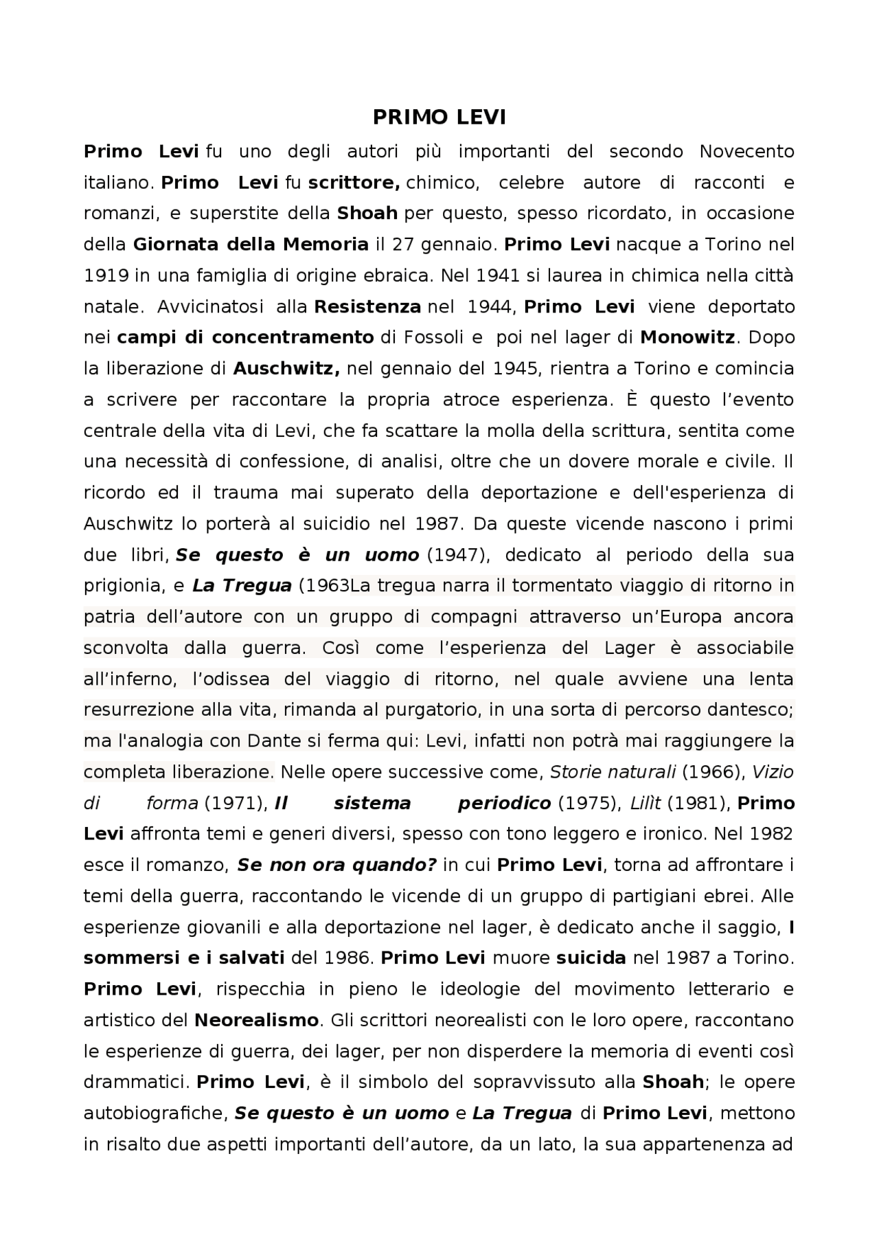 Primo levi riassunto | Appunti di Letteratura Italiana | Docsity