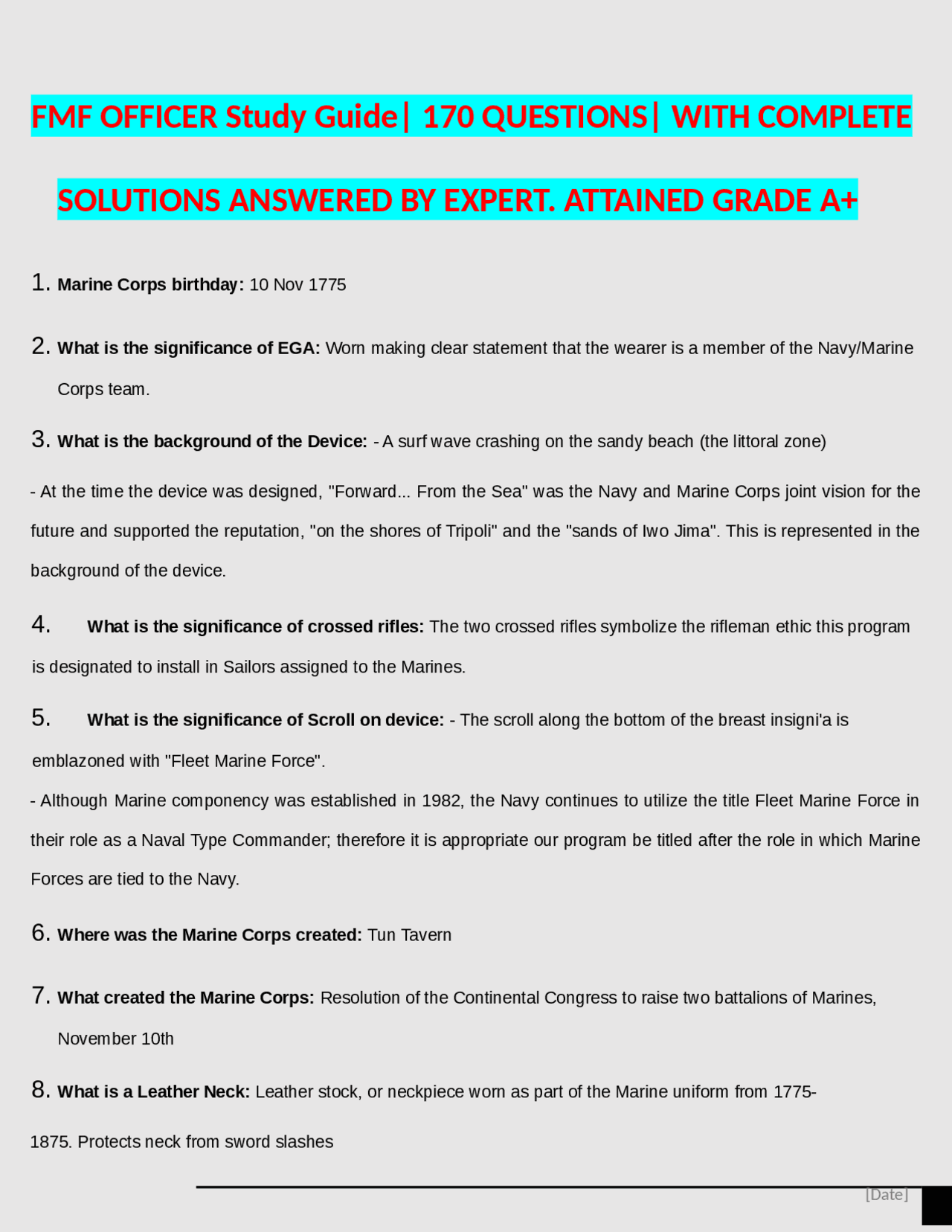 FMF OFFICER Study Guide| 170 QUESTIONS| WITH COMPLETE SOLUTIONS ...