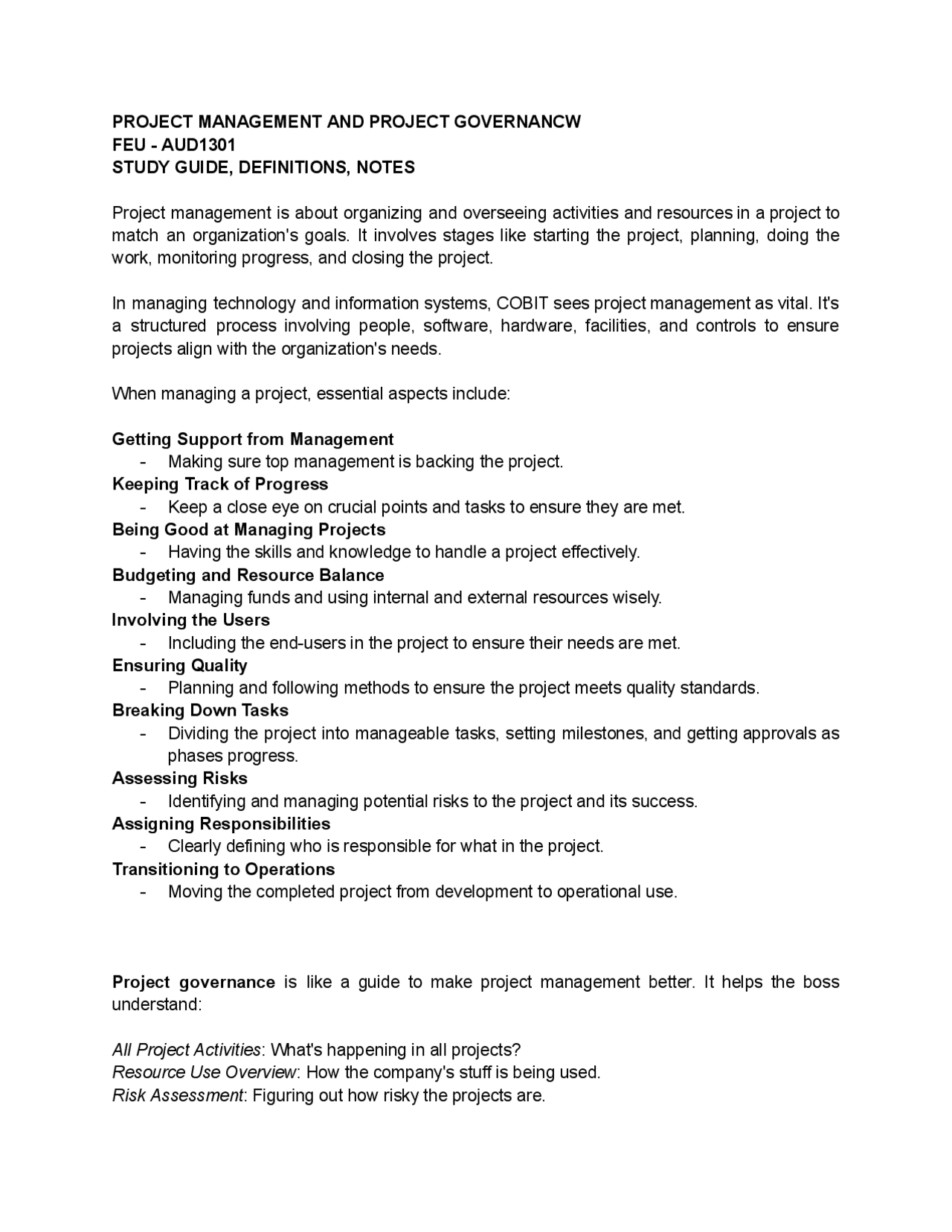 Project Management and Project Governance FEU - AUD1301 Study Guide ...