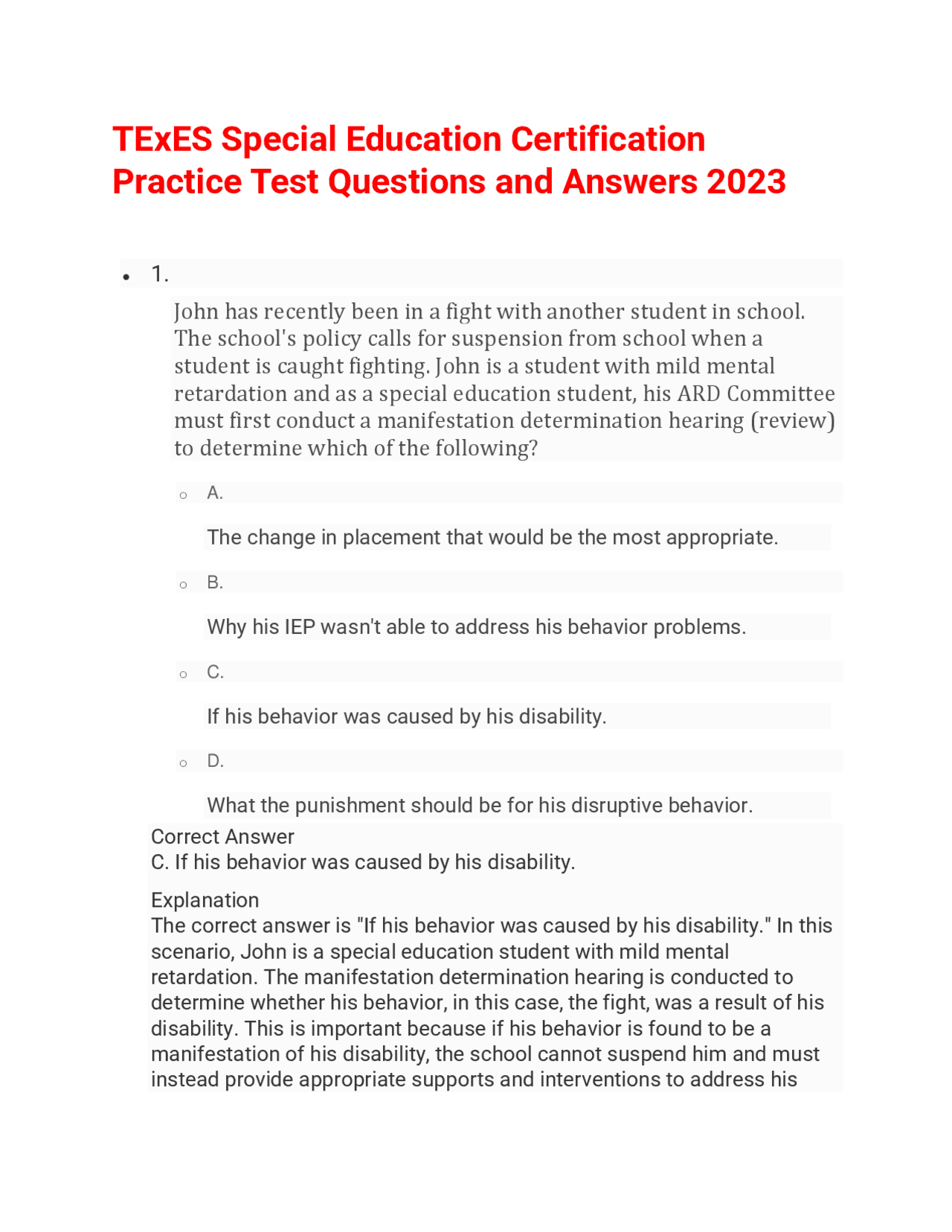 TExES Special Education Certification Practice Test Questions and ...
