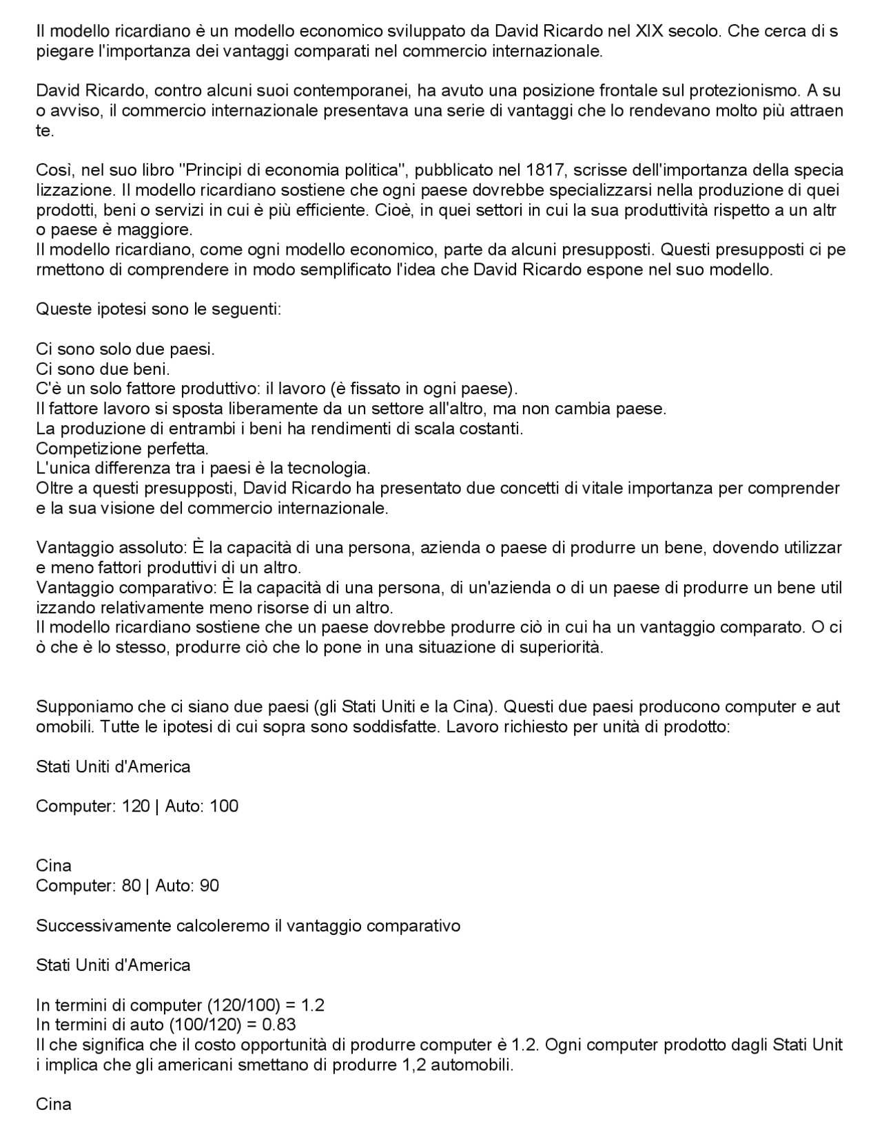 Il modello di ricardo | Sbobinature di Economia Internazionale | Docsity