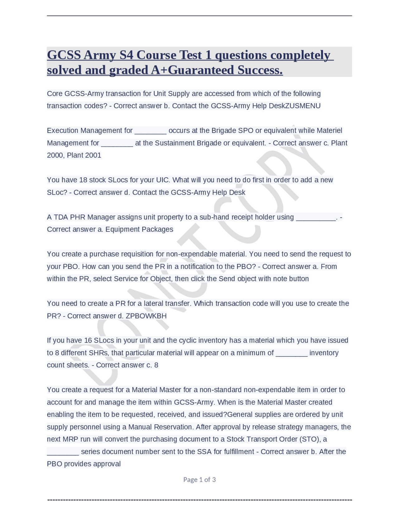 GCSS Army S4 Course Test 1 questions completely solved and graded A ...