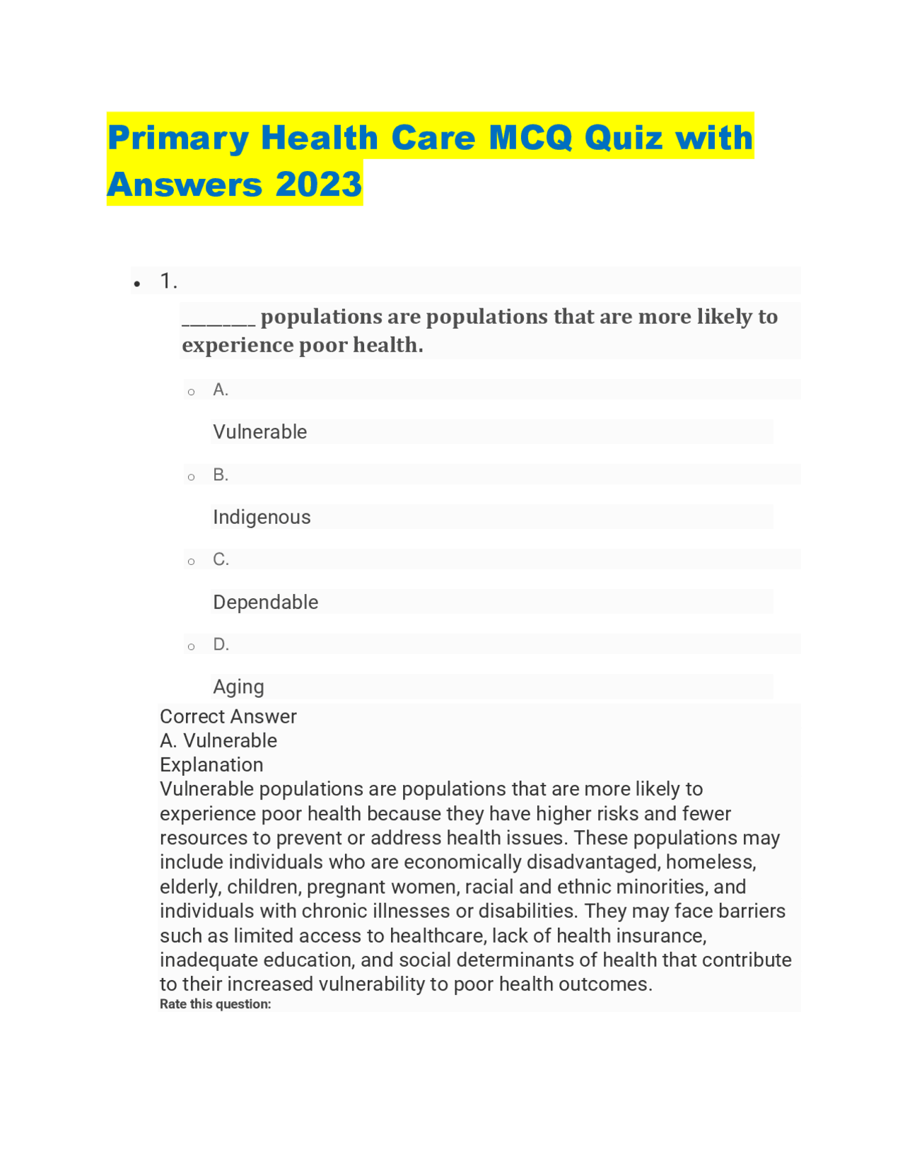 Primary Health Care MCQ Quiz with Answers 2023 | Exams Nursing | Docsity
