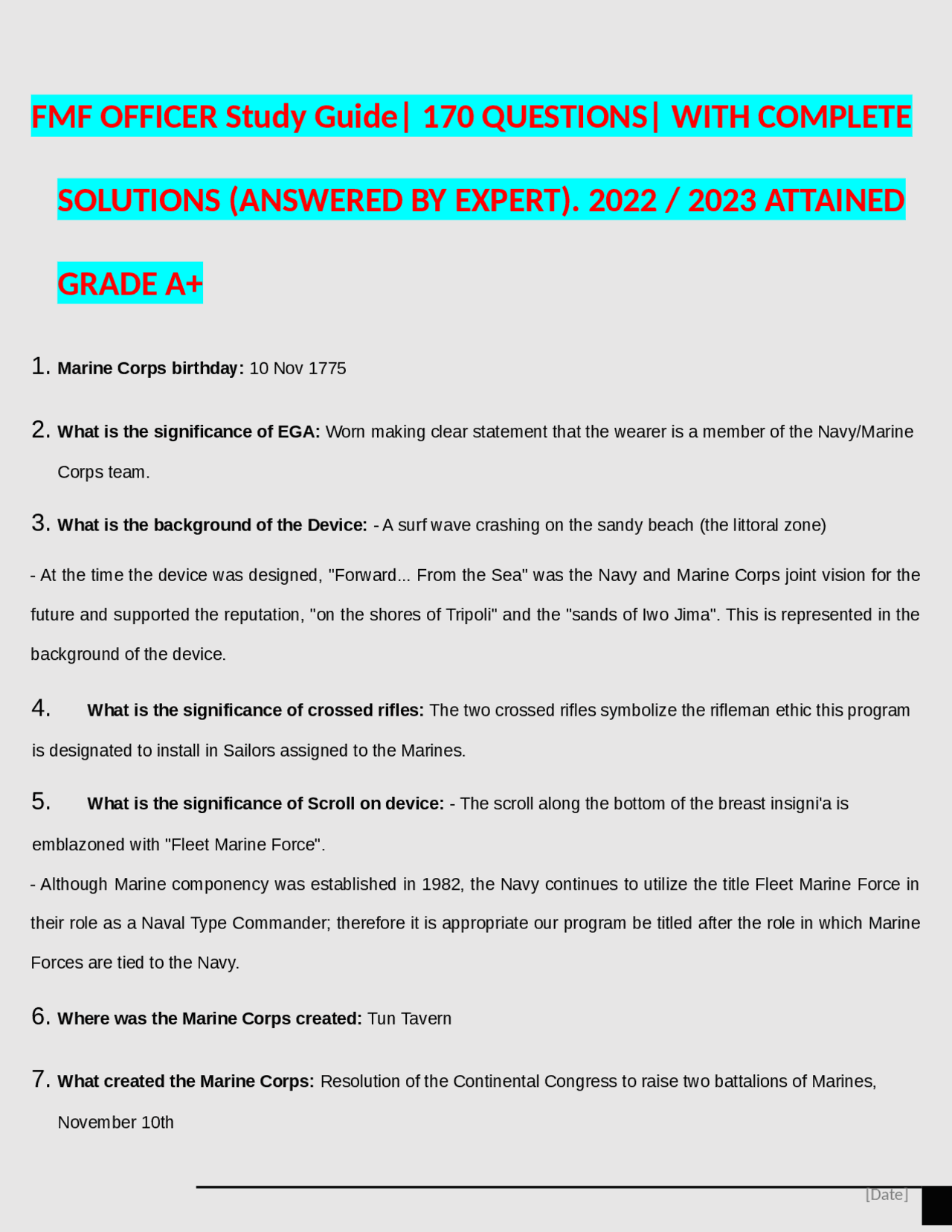 FMF OFFICER Study Guide| 170 QUESTIONS| WITH COMPLETE SOLUTIONS ...